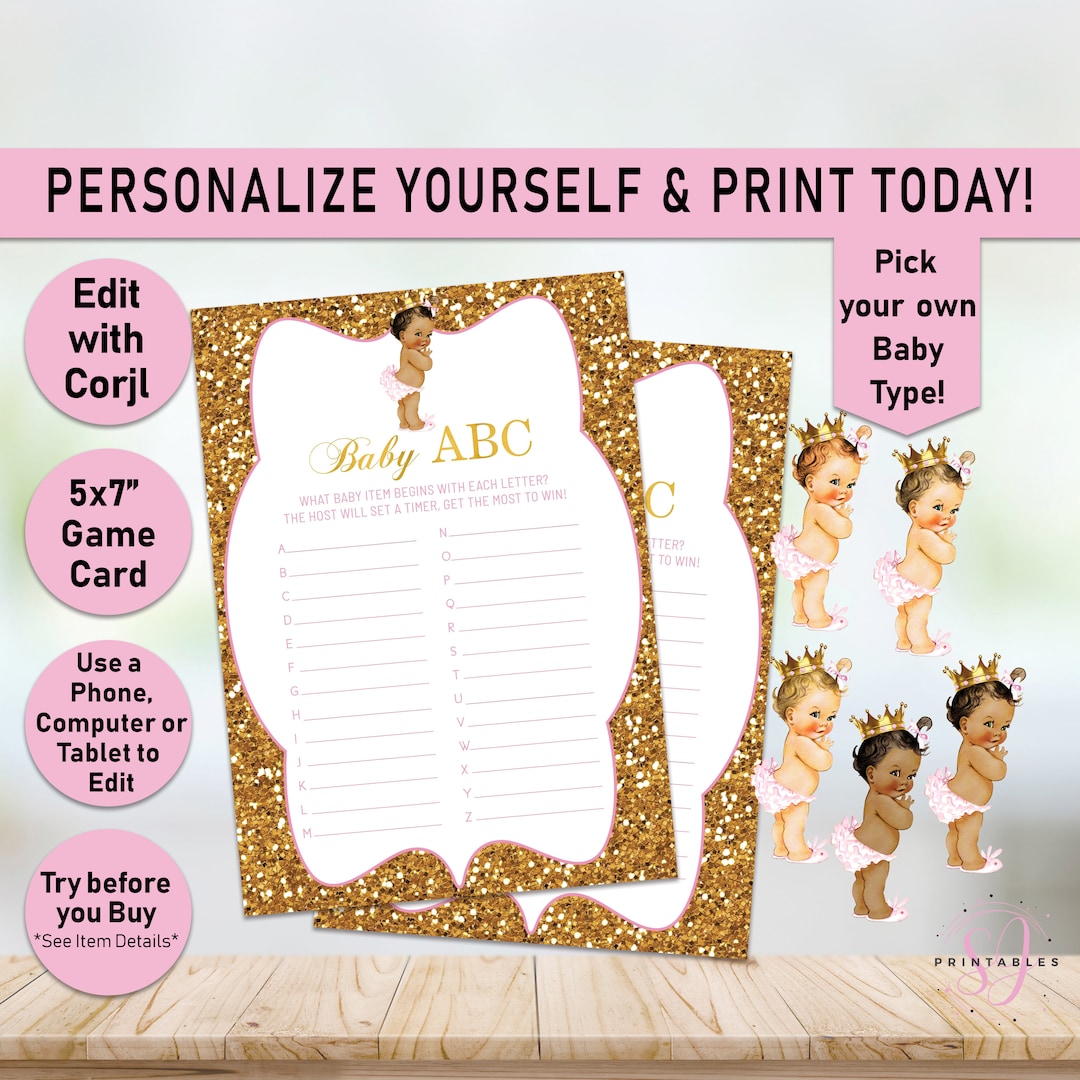 BABY ABC Baby Shower Game, Little Princess Pink & Gold Baby Shower ...