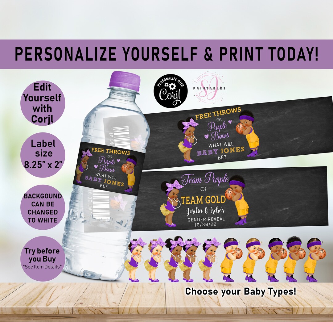 Basketball Gender Reveal Baby Water Labels, Free Throws or Purple Bows ...