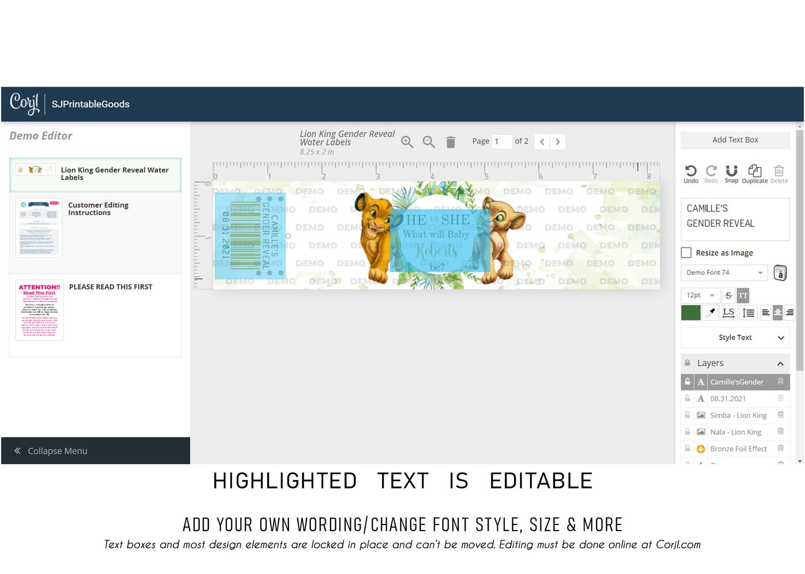 Simba and Nala Gender Reveal Baby Water Labels, Lion King Gender Reveal ...