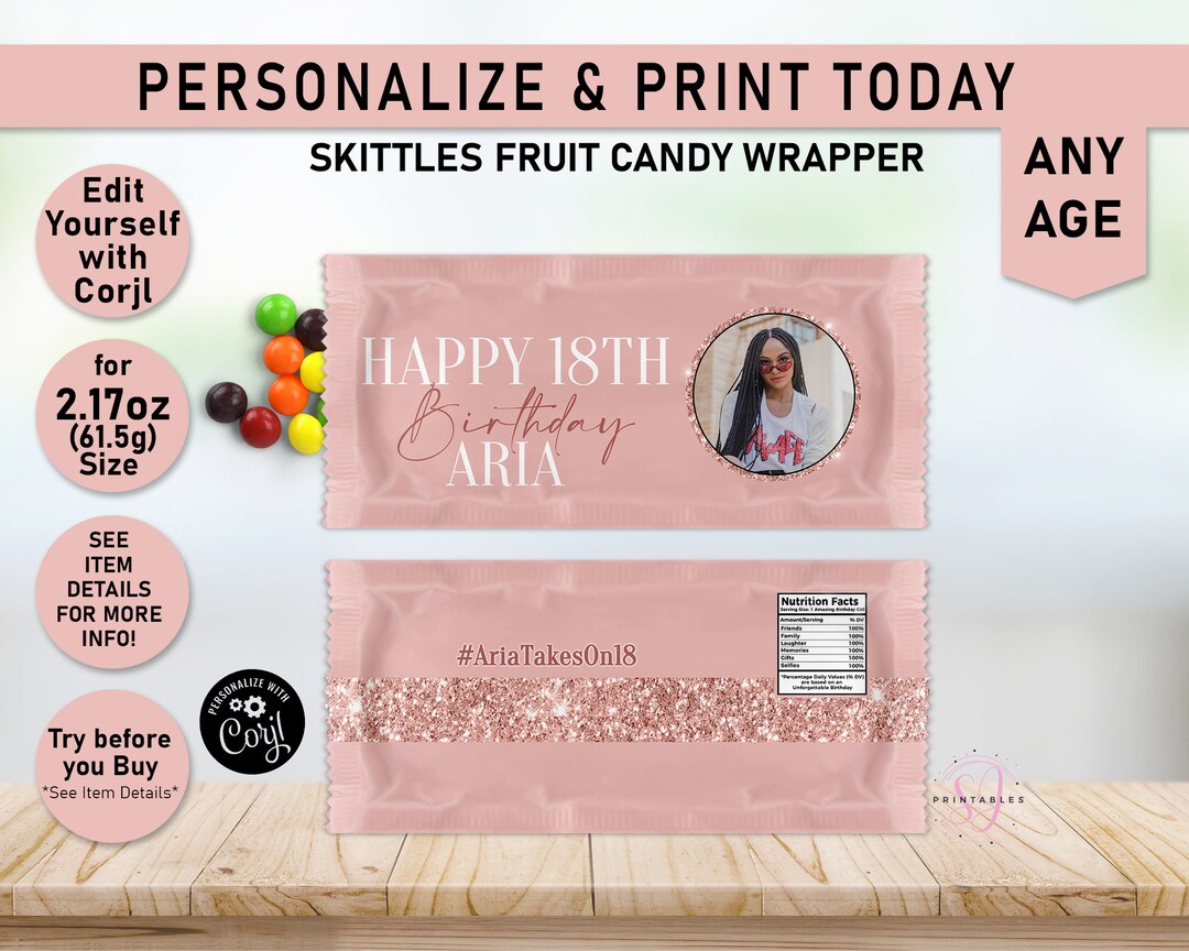 Rose Gold on Rose Gold Glitter Skittles Wrapper, Skittles Birthday ...