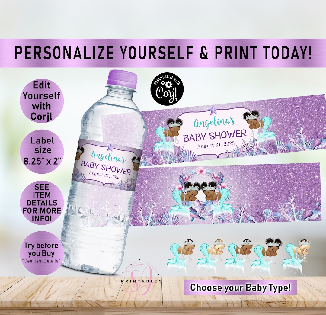 Twins Mermaid Water Bottle Label, Mermaid Baby Shower, Baby Shower ...