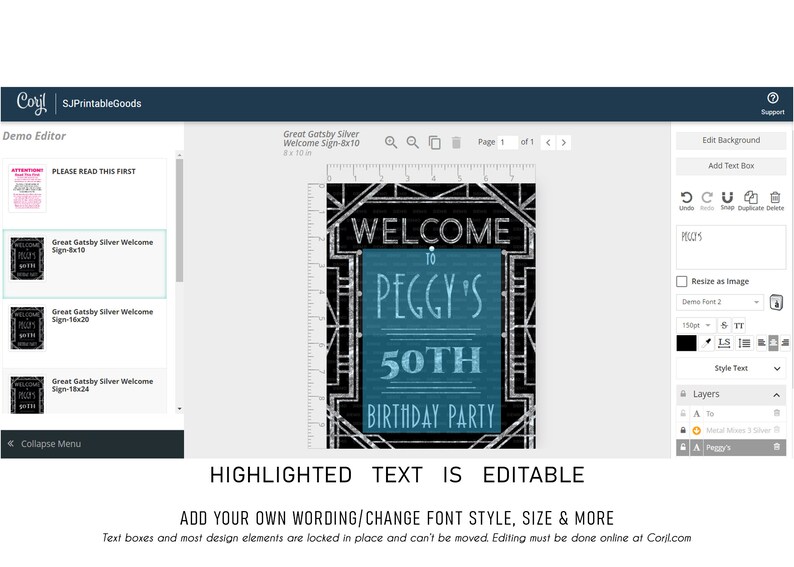 Editable WELCOME Sign Printable Art, Silver Gatsby Sign, Gatsby Wedding ...
