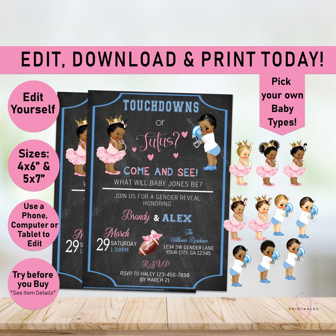 Touchdowns or Tutus Gender Reveal Invitation, Football Gender Reveal ...