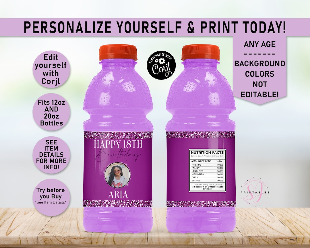 Gatorade Labels, Purple on Purple Glitter ANY AGE Birthday EDITABLE ...
