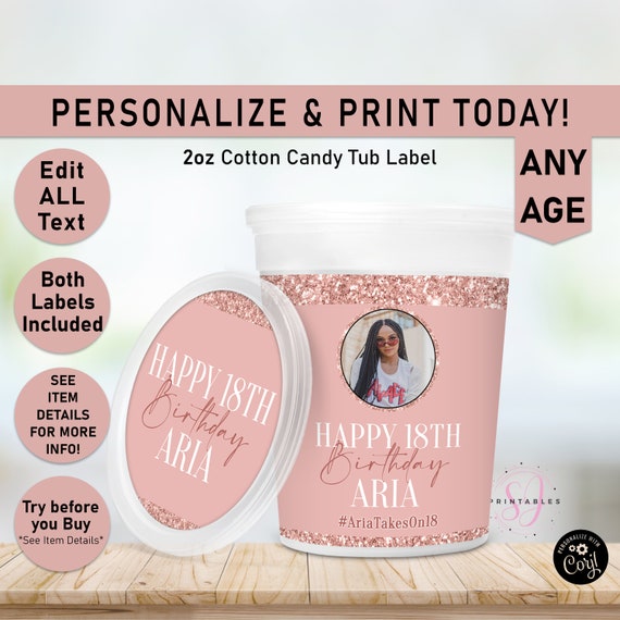 Rose Gold on Rose Gold Glitter Candy Tub Label Cotton Candy | Etsy