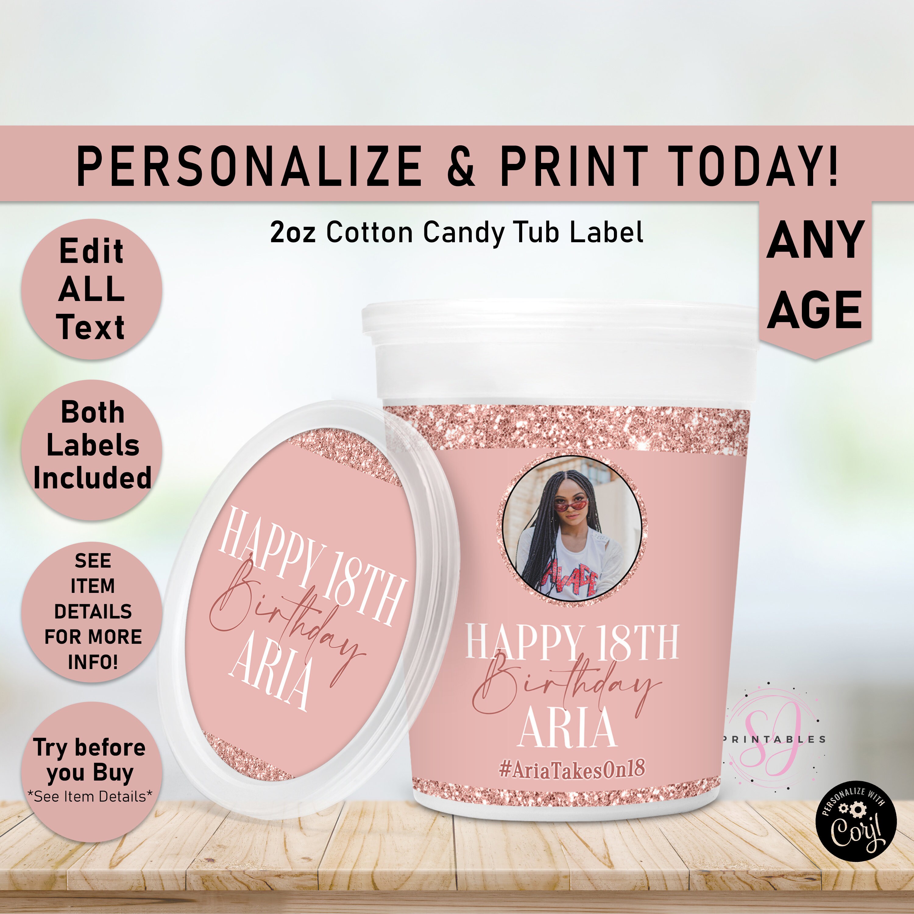 Rose Gold on Rose Gold Glitter Candy Tub Label Cotton Candy | Etsy