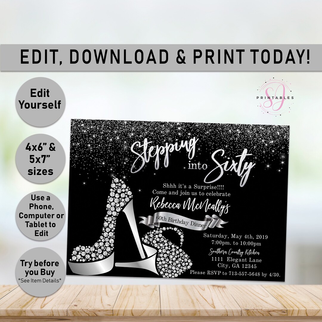 SIXTY Silver Birthday Invitation, Adult, Black, Surprise, Stepping Into ...