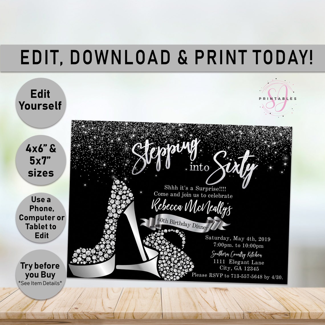 SIXTY Silver Birthday Invitation Adult Black Surprise | Etsy