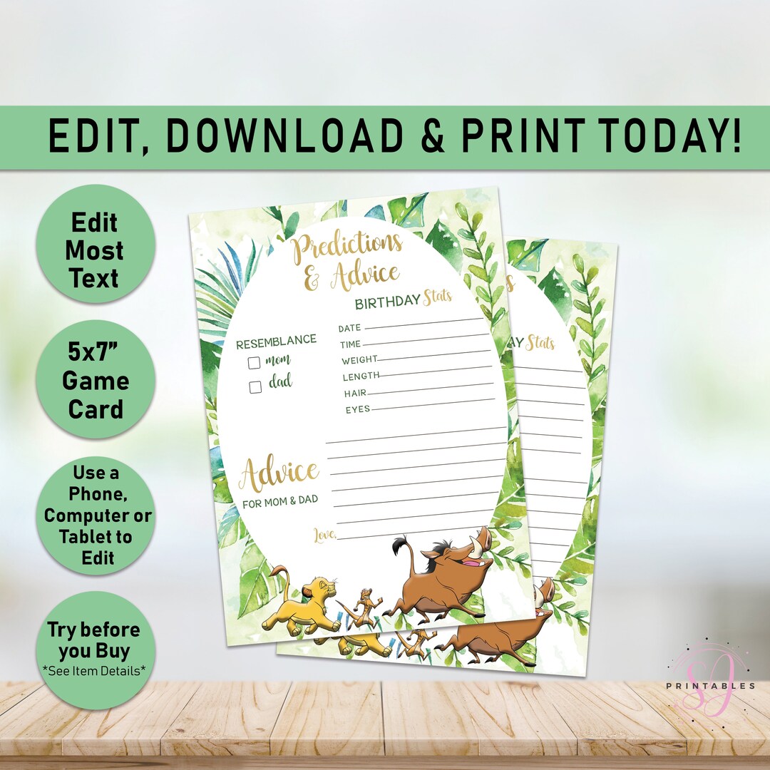 Lion King Baby Shower Game Card: Predictions & Advice (editable ...
