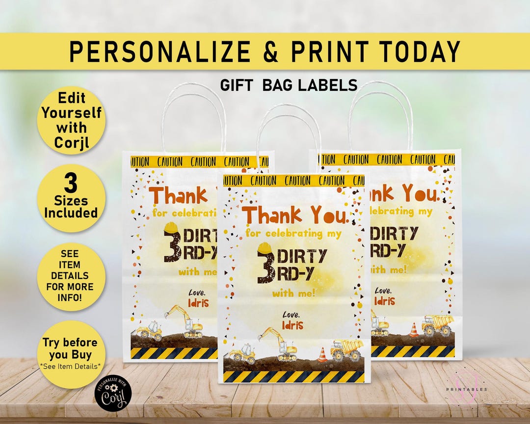 Dirty 3rdy Construction Birthday Gift Bag Label, Gift Bag Labels, Dirty ...