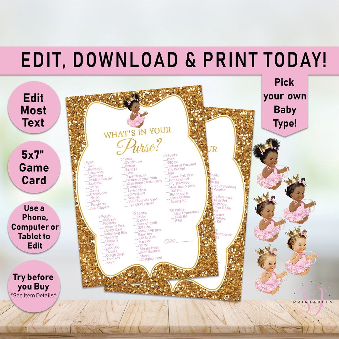 What's in Your Purse Baby Shower Game, Whats in Your Purse, Princess ...