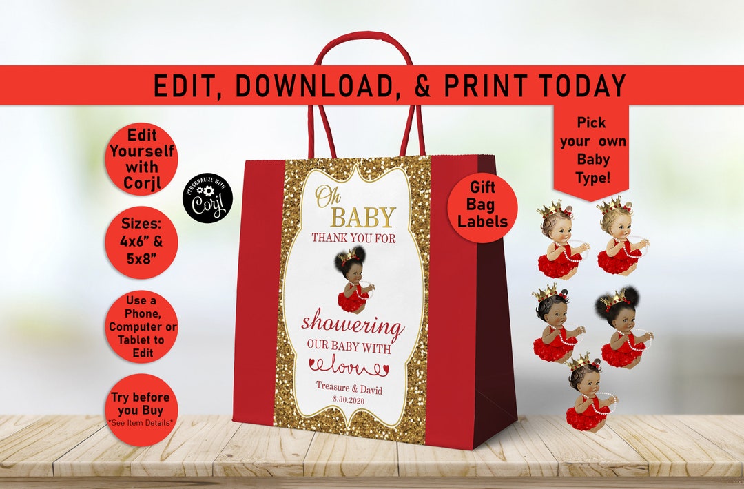 Gift Bag Labels, Oh Baby RED and GOLD Princess EDITABLE Baby Shower ...