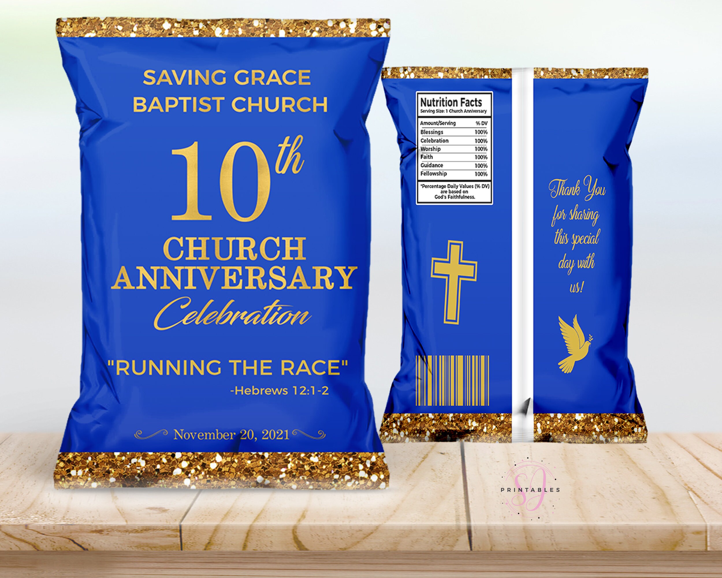 Church Anniversary Gold Glitter and ANY COLOR EDITABLE Chip Bag, Pastor ...