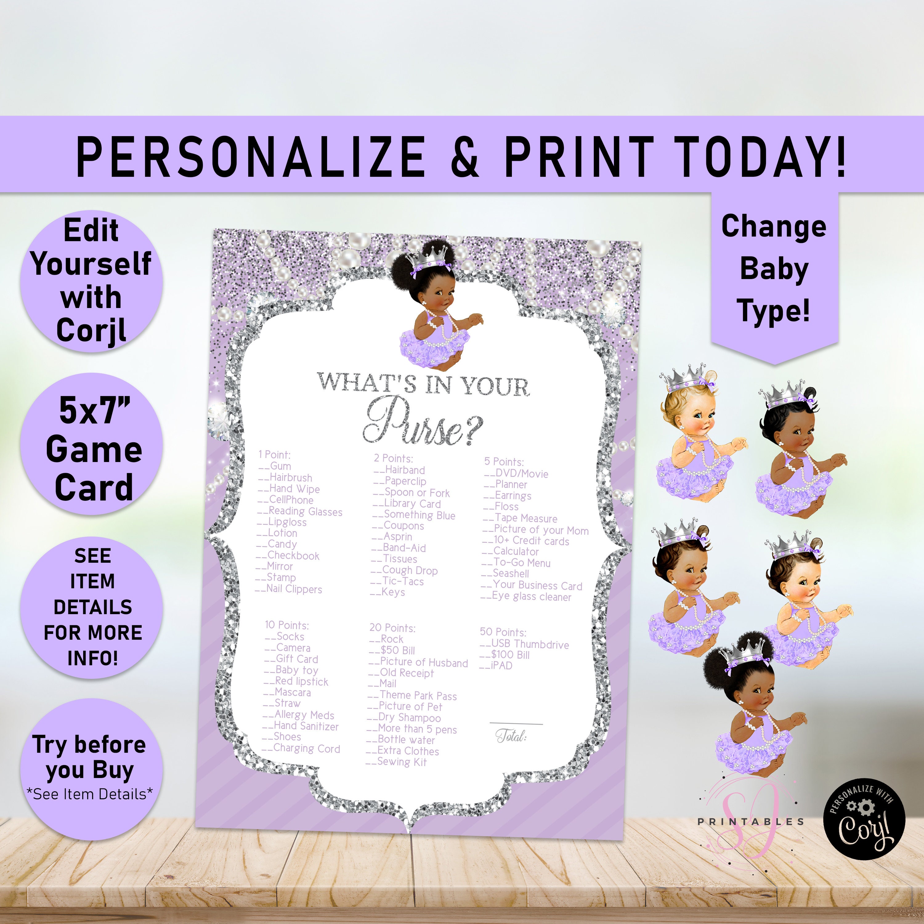 What's in Your Purse Baby Shower Game Glitter & Pearls - Etsy