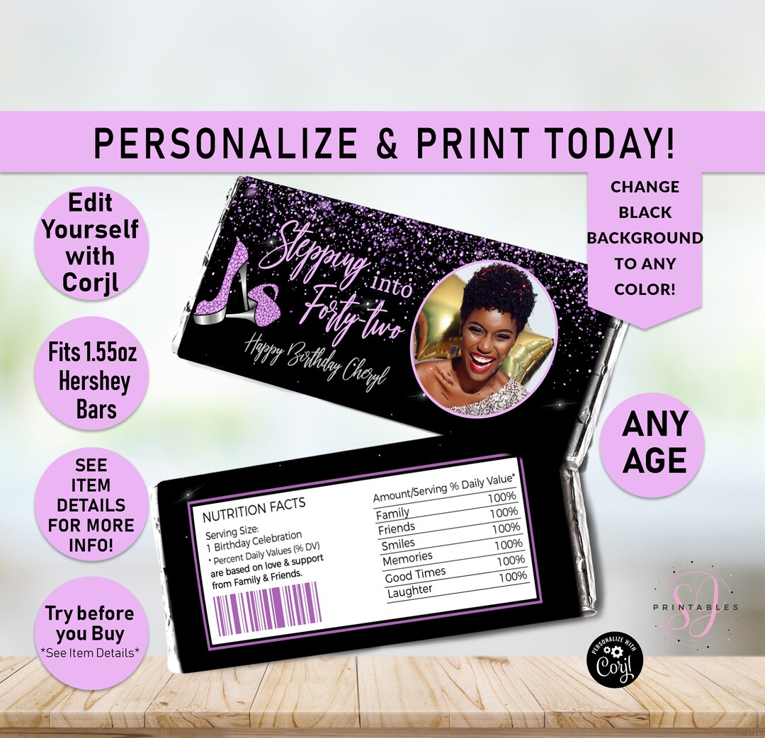 Stepping Into ANY COLOR and Purple Glitter Birthday Hershey Candy Bar ...