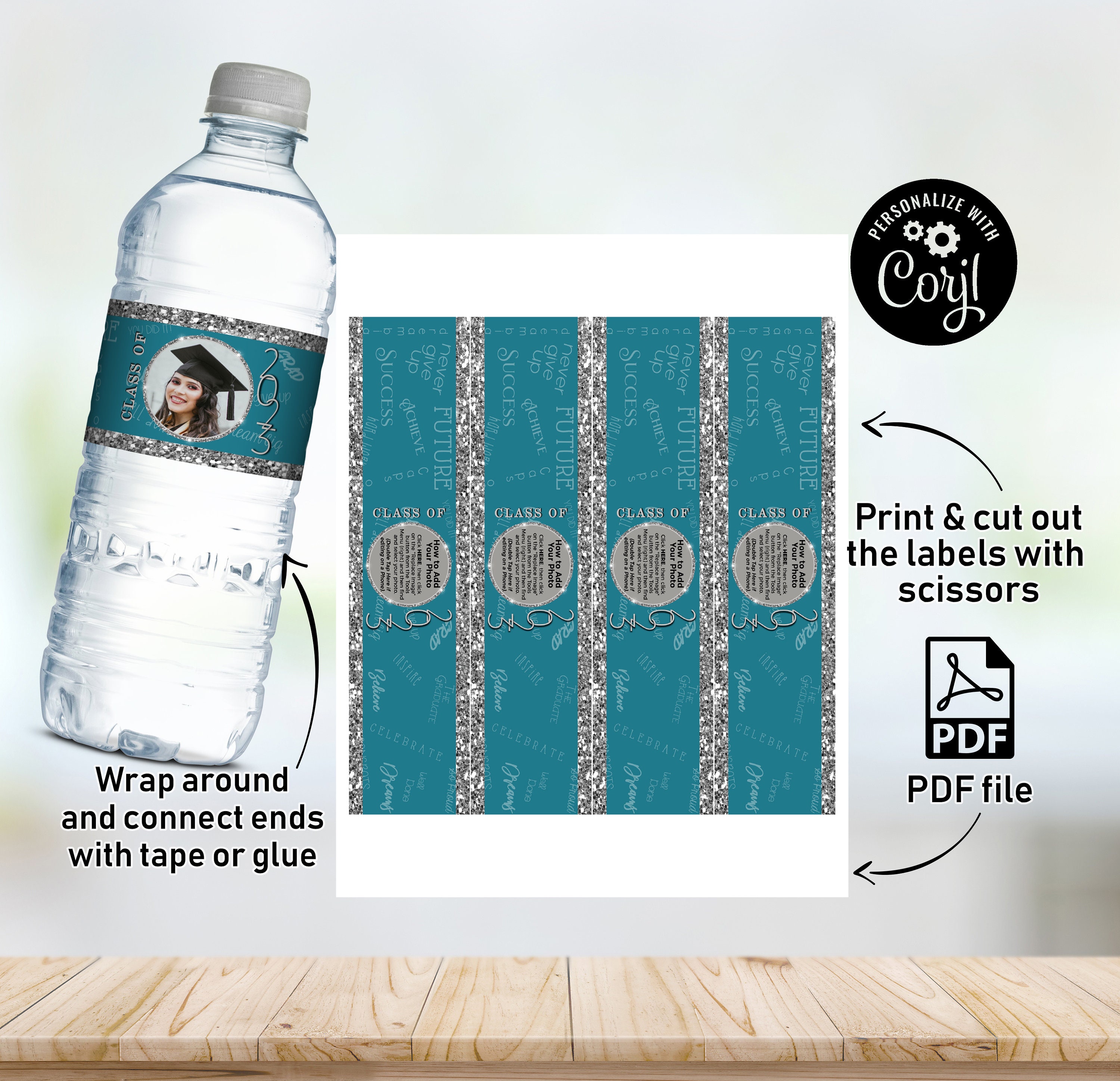 SILVER GLITTER and ANY Color Graduation Water Bottle Labels, Class of ...