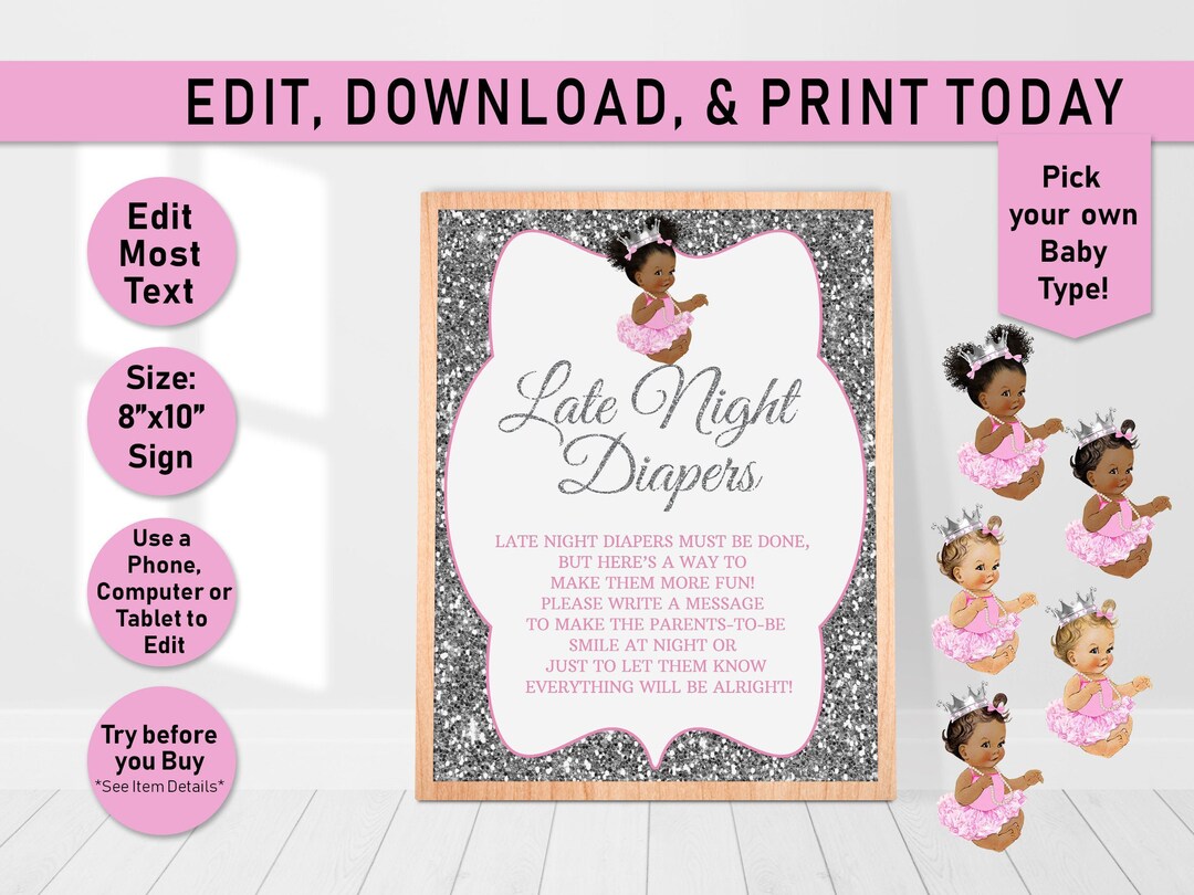 Late Night Diapers Sign, Baby Shower Diapers Thoughts Game, Printable ...