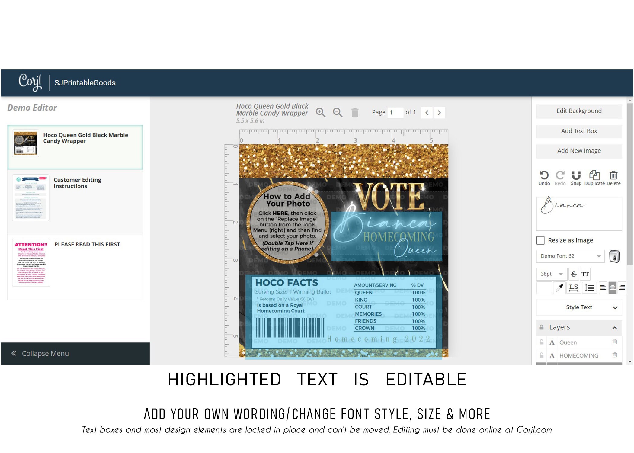 Vote HOMECOMING Queen BUNDLE, Black and Gold, Hershey Candy Wrapper ...