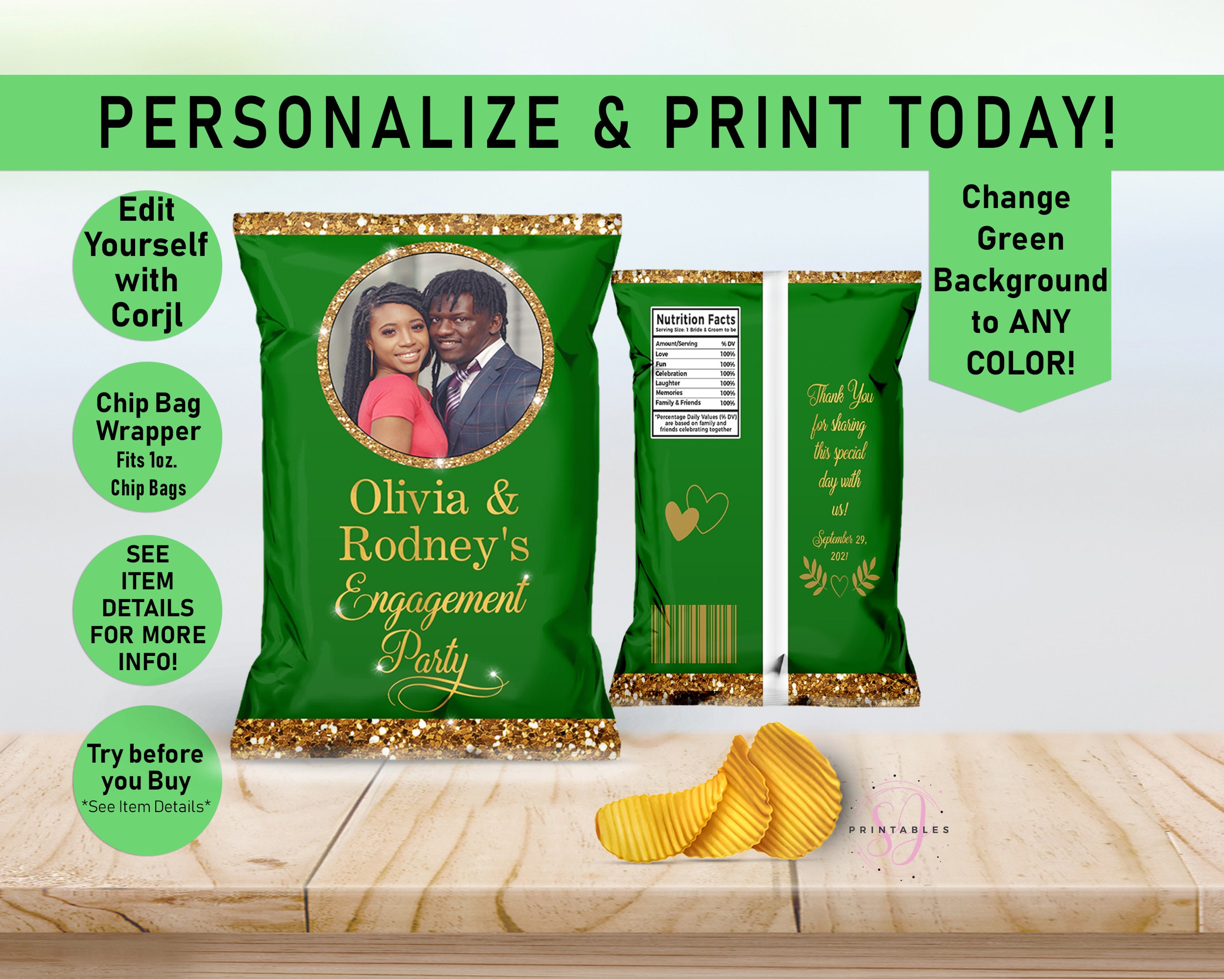 Engagement Party Chip Bag ANY COLOR and Gold Glitter | Etsy