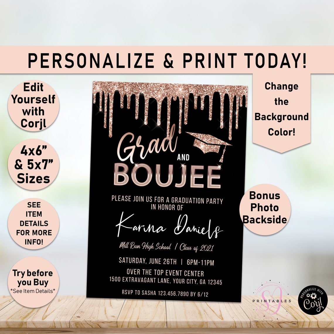 Grad and Boujee Graduation Invitation Rose Gold Glitter Drip - Etsy