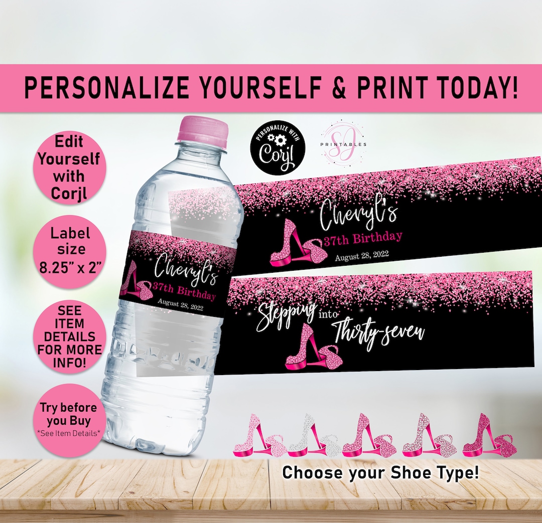 Stepping Into ANY AGE Hot Pink Glitter Birthday Water Bottle Labels ...