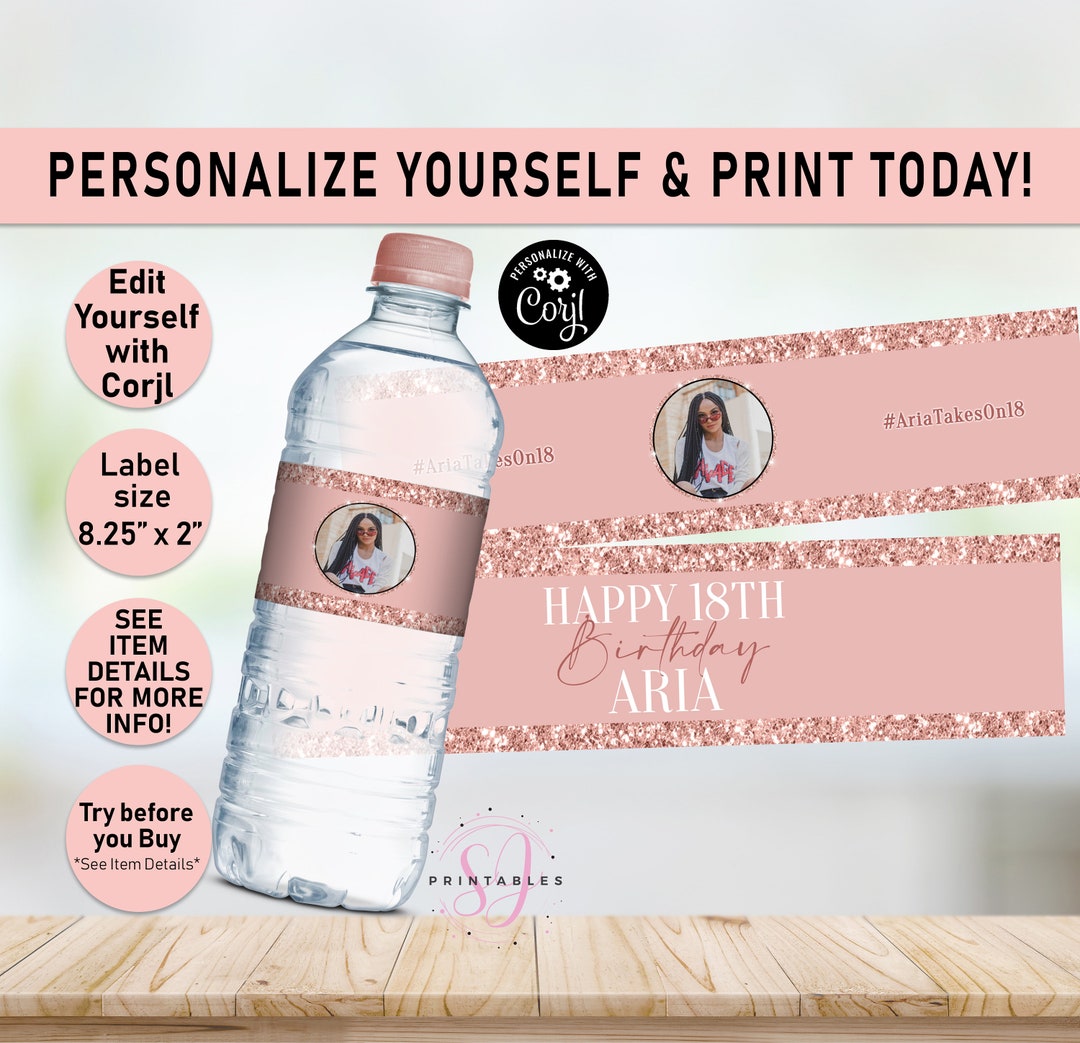 Rose Gold on Rose Gold Glitter ANY AGE Birthday EDITABLE Water Bottle ...