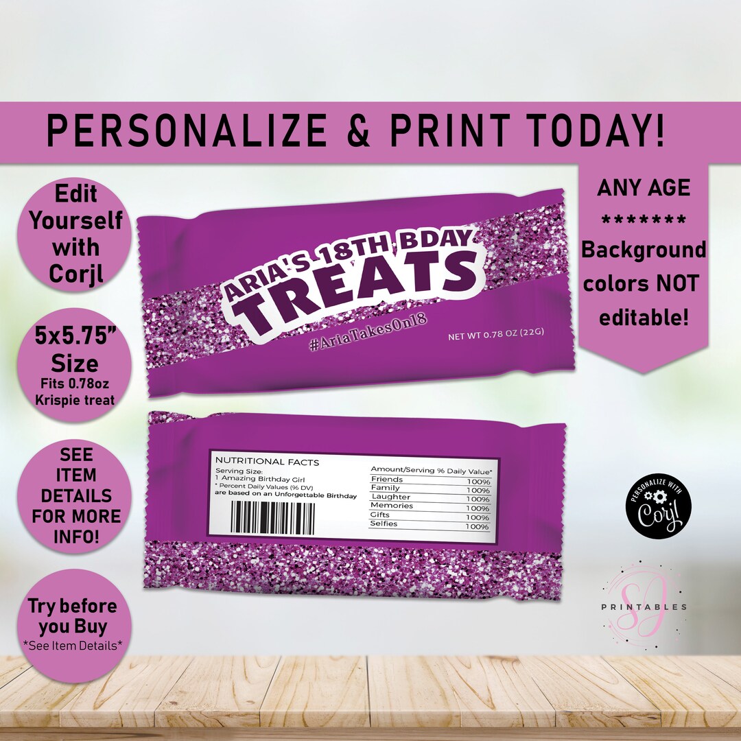 Rice Krispies TREAT Labels, Purple on Purple Glitter ANY AGE Birthday ...