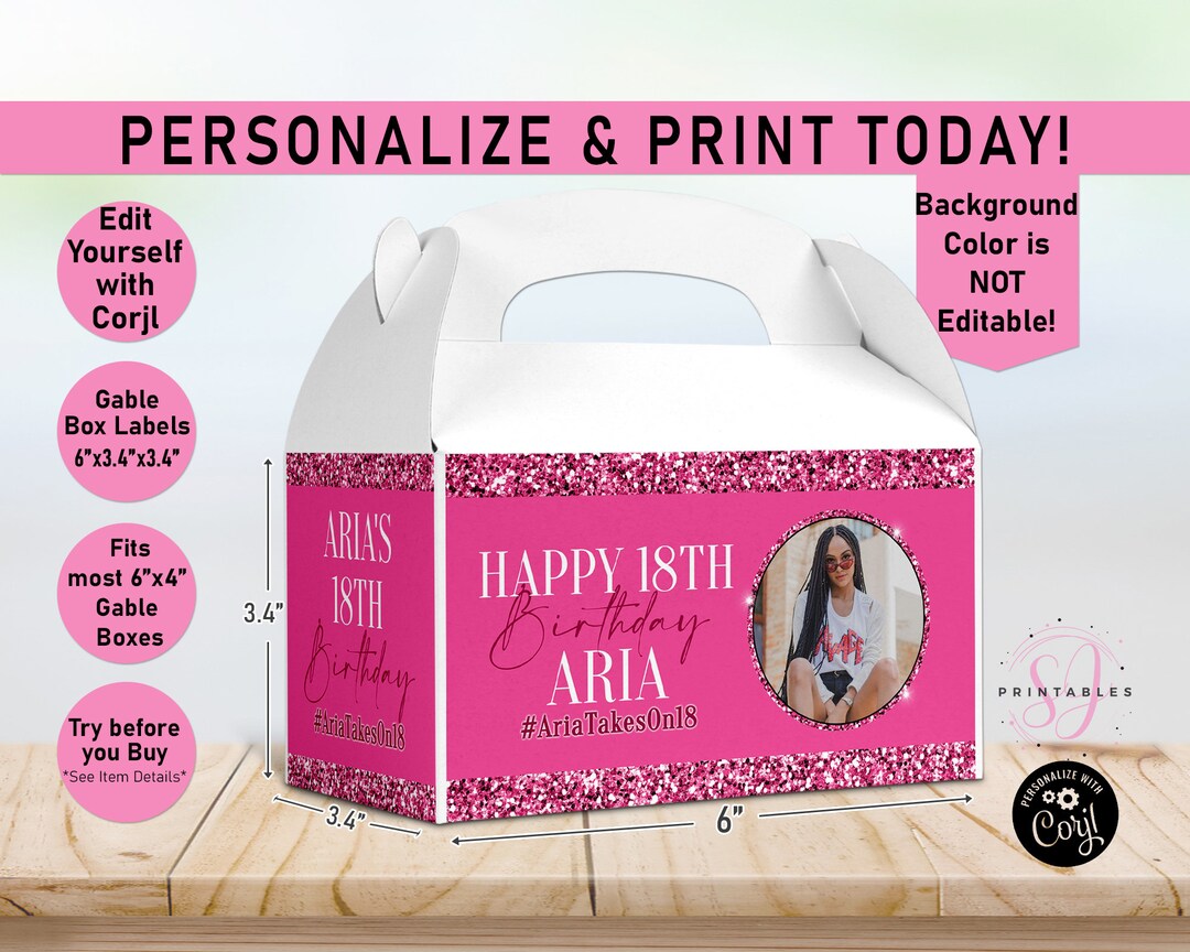Pink Birthday Birthday Gable Gift Box Labels, Pink on Pink Glitter ANY ...