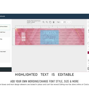 Pink and Gold PROM Send off Water Bottle Labels, Classy Prom, Dance ...