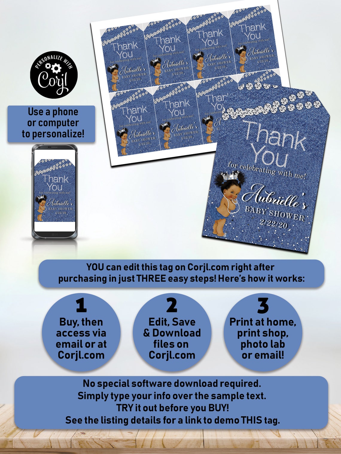 Denim and Diamonds Gift Tags, Party Favor Tag, Princess, Favor Tags ...