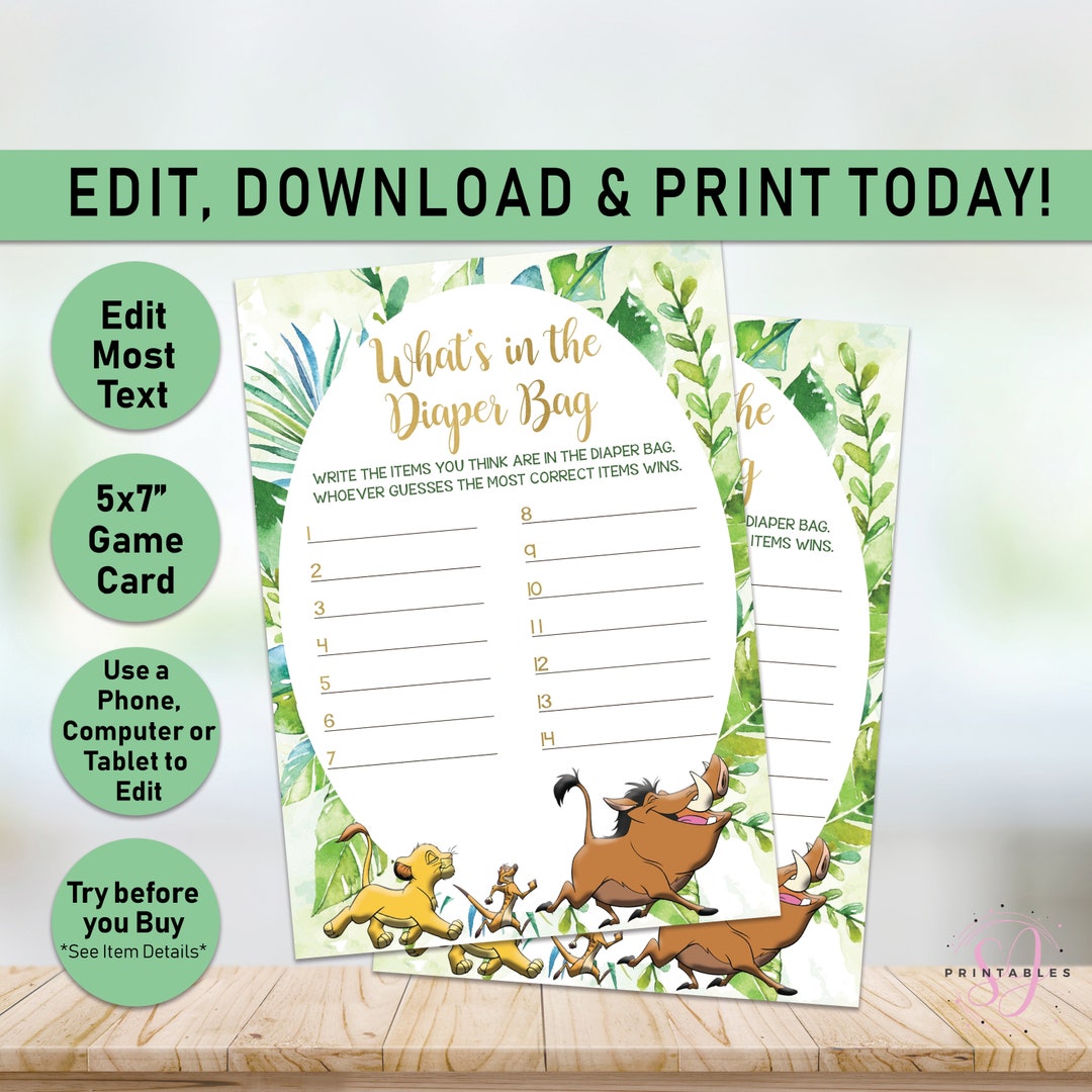 Lion King Baby Shower What's in the DIAPER BAG GAME, Lion King Diaper ...