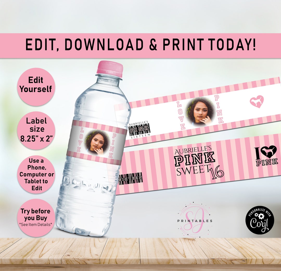 VS PINK Birthday Water Bottle Labels, Water Labels, Party Favor, Pink ...