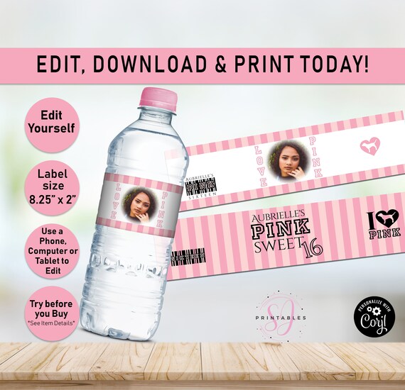VS PINK Birthday Water Bottle Labels Water Labels Party | Etsy