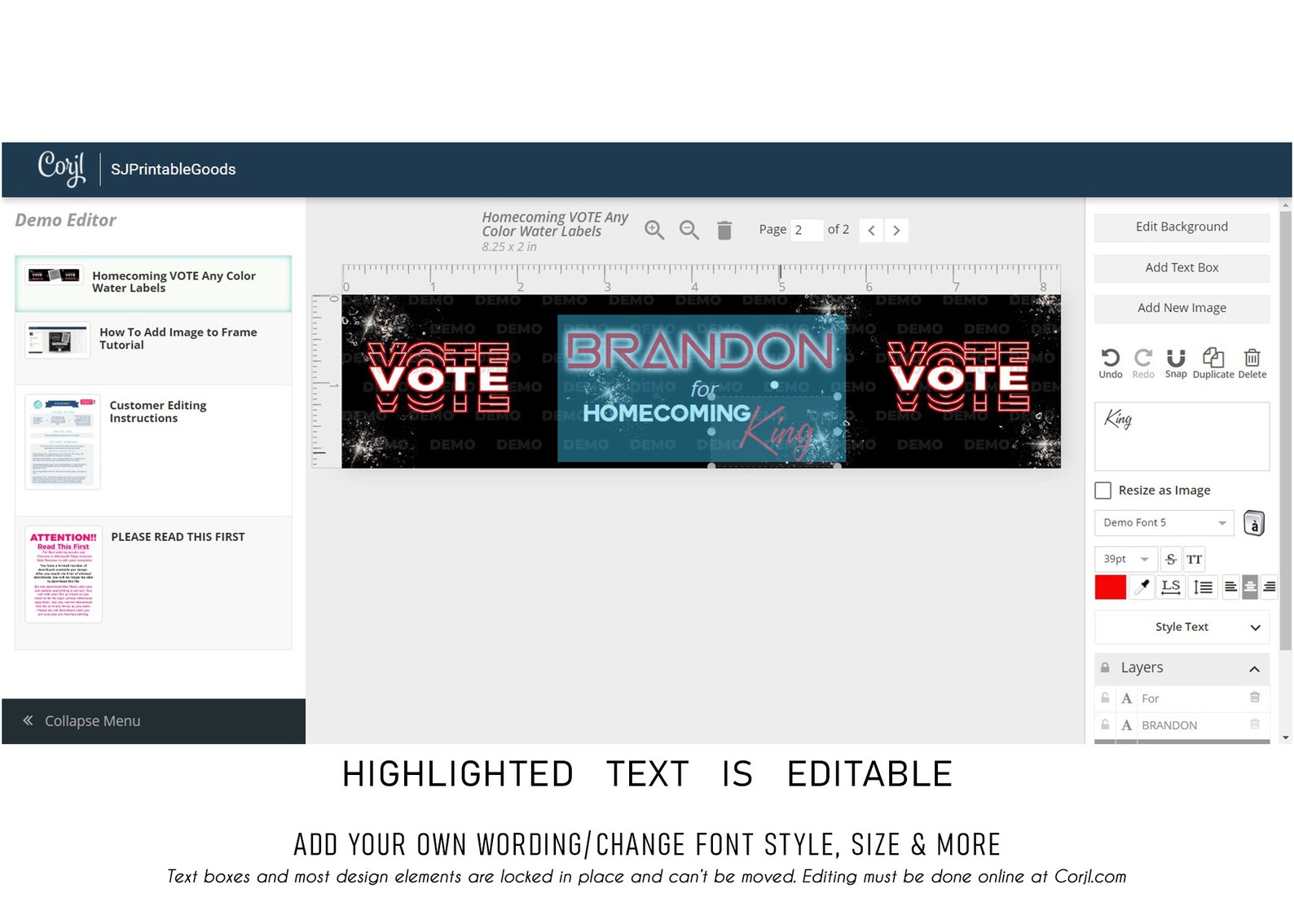 Homecoming VOTE Water Bottle Labels, Any Color, Homecoming King, Queen ...