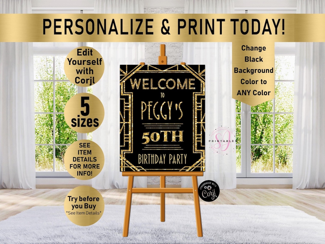 Editable WELCOME Sign Printable Art, Gold Gatsby Sign, Gatsby Wedding ...