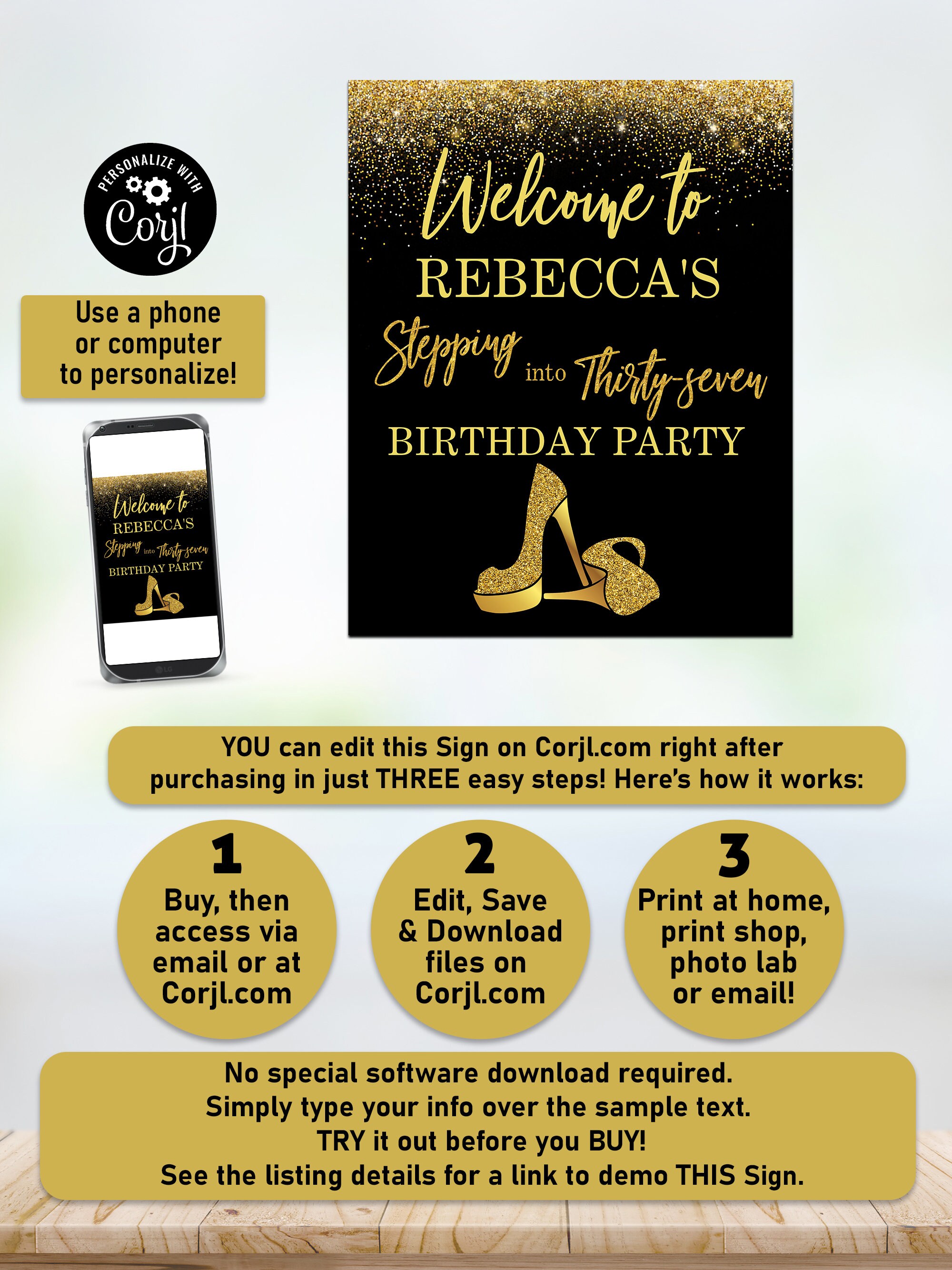 Stepping Into ANY AGE Gold Glitter Welcome Birthday Sign | Etsy