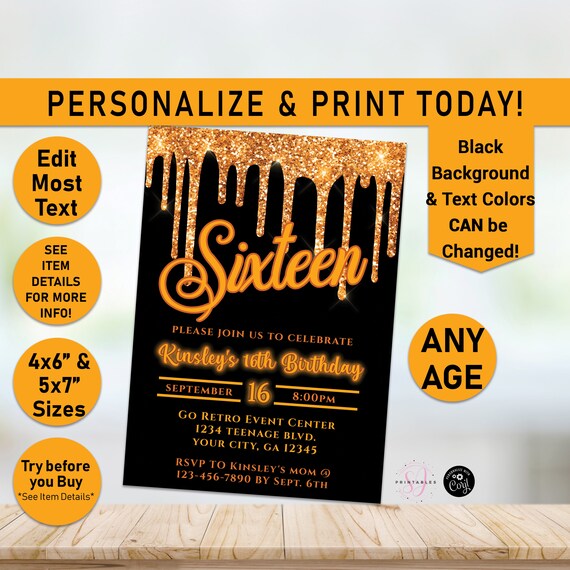 Orange Drip and ANY Background COLOR Birthday Invitation - Etsy