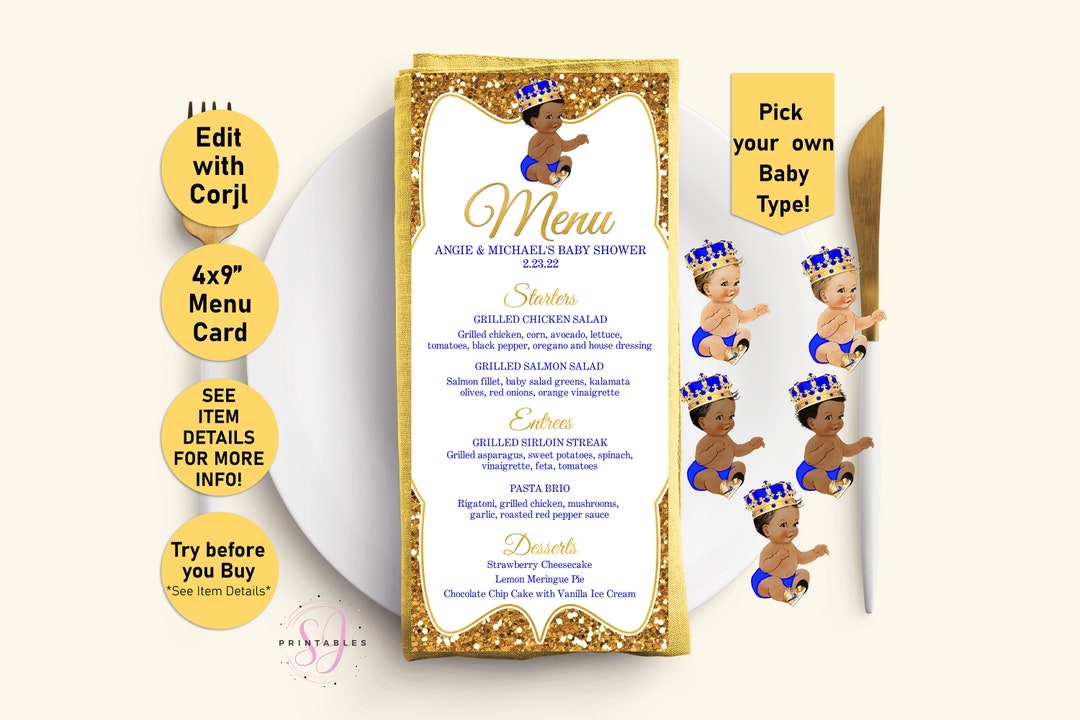 Royal Blue Prince Baby Shower Menu, Little Prince, Menu, Gold Glitter ...