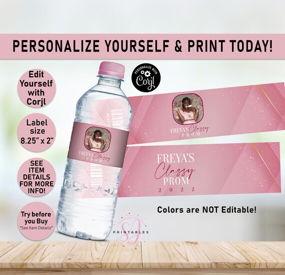Pink and Gold PROM Send off Water Bottle Labels Classy Prom - Etsy