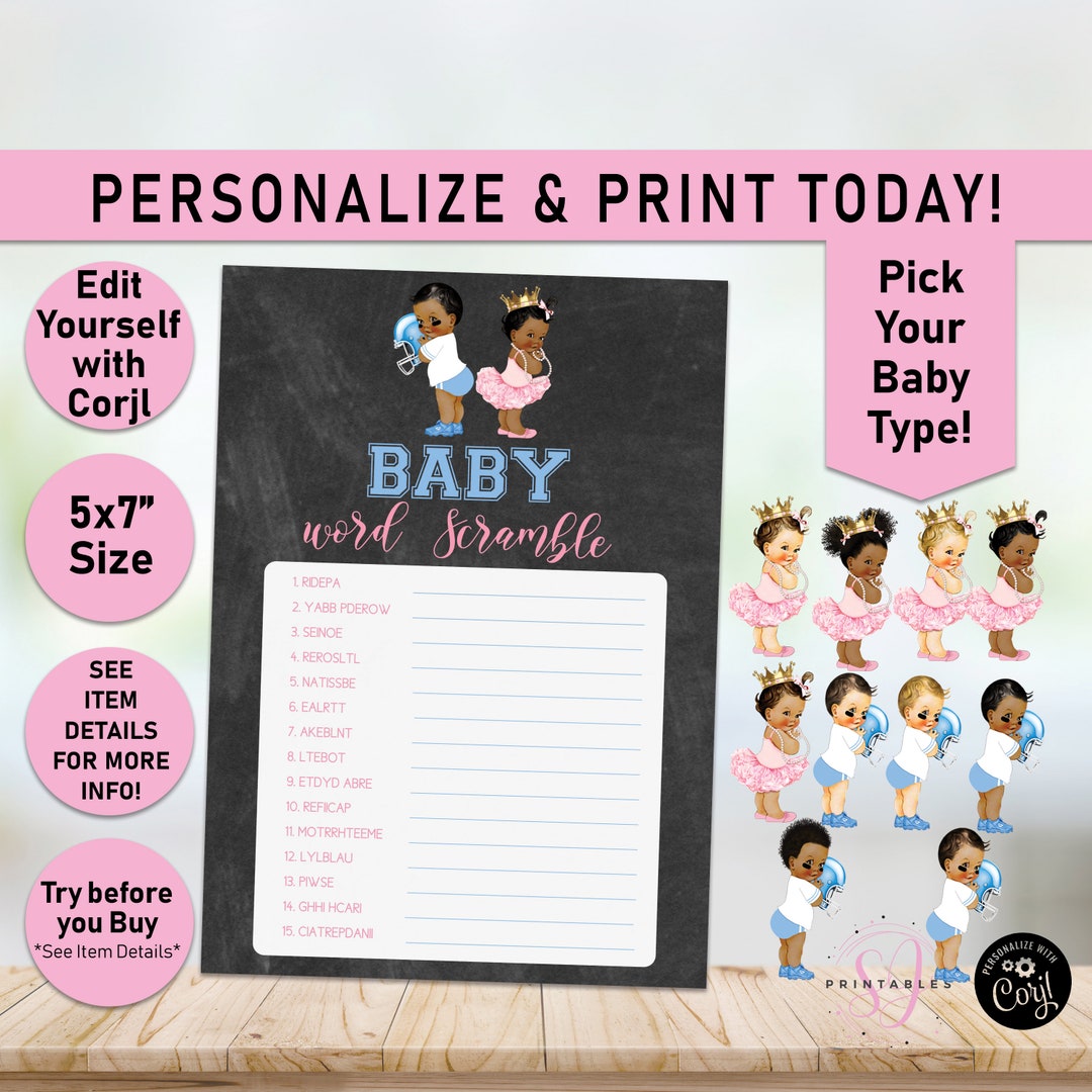Baby Shower Word Scramble, Touchdowns or Tutus Word Scramble Card Game ...