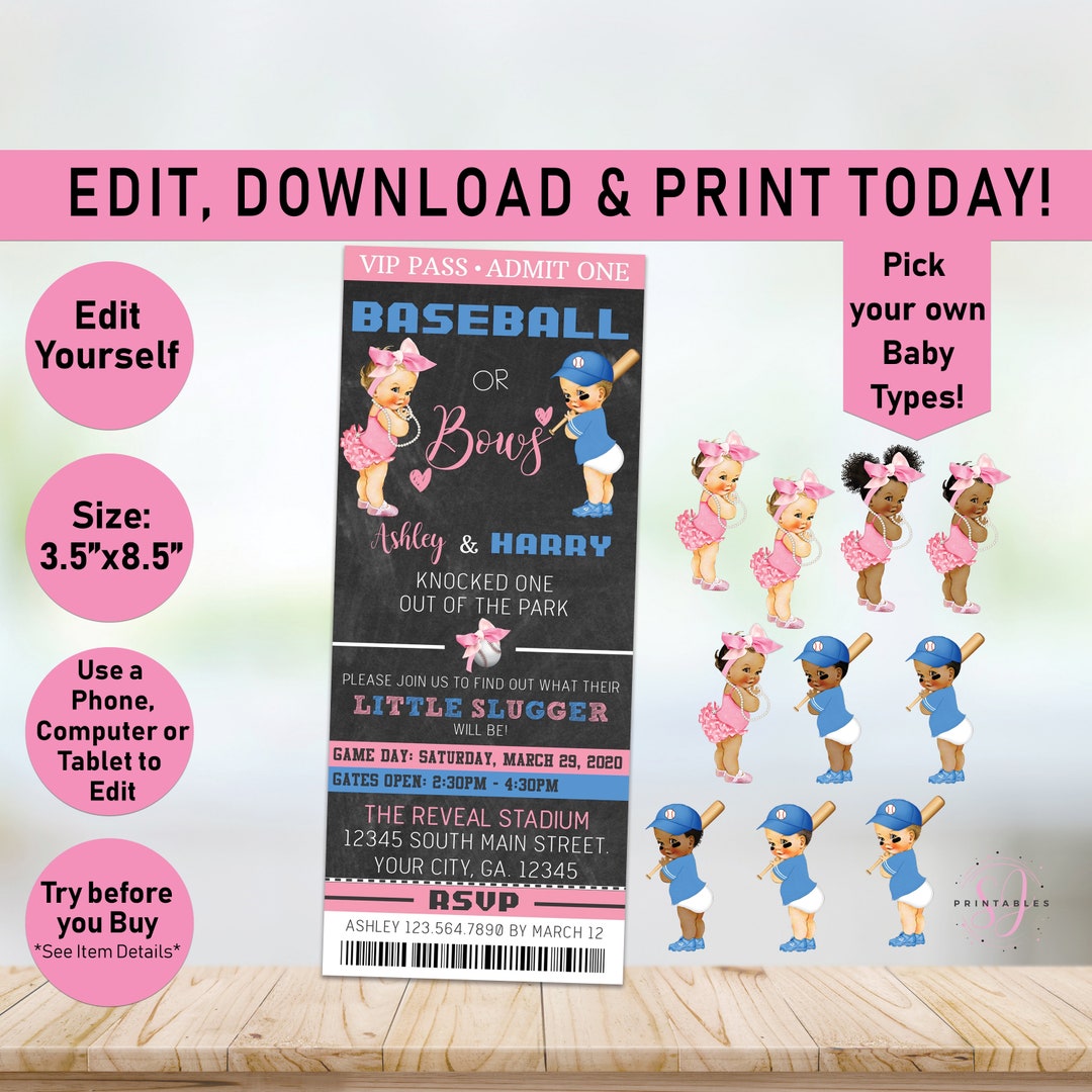 Baseball or Bows Gender Reveal Invitation, Digital, Printable ...