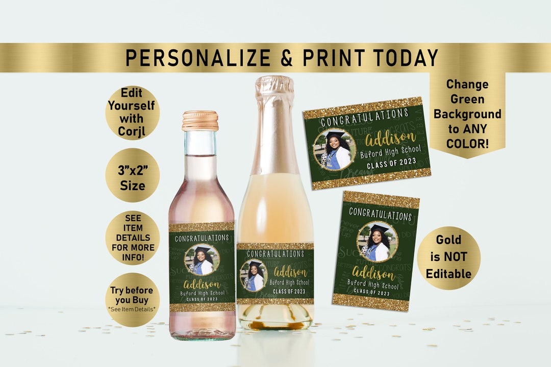 Gold Glitter and ANY Other COLOR Graduation Mini Wine Bottle Labels ...