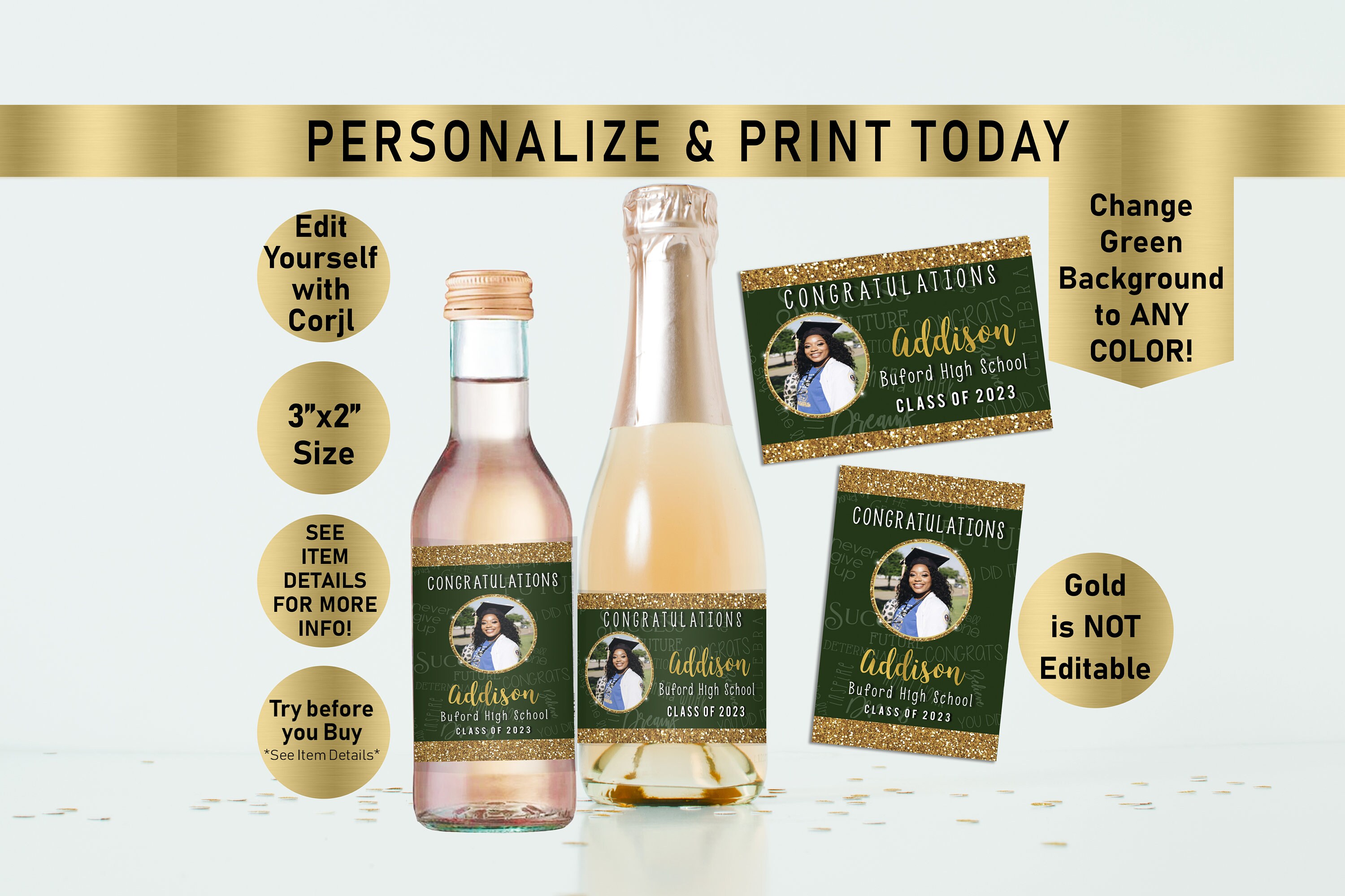Gold Glitter and ANY Other COLOR Graduation Mini Wine Bottle Labels ...