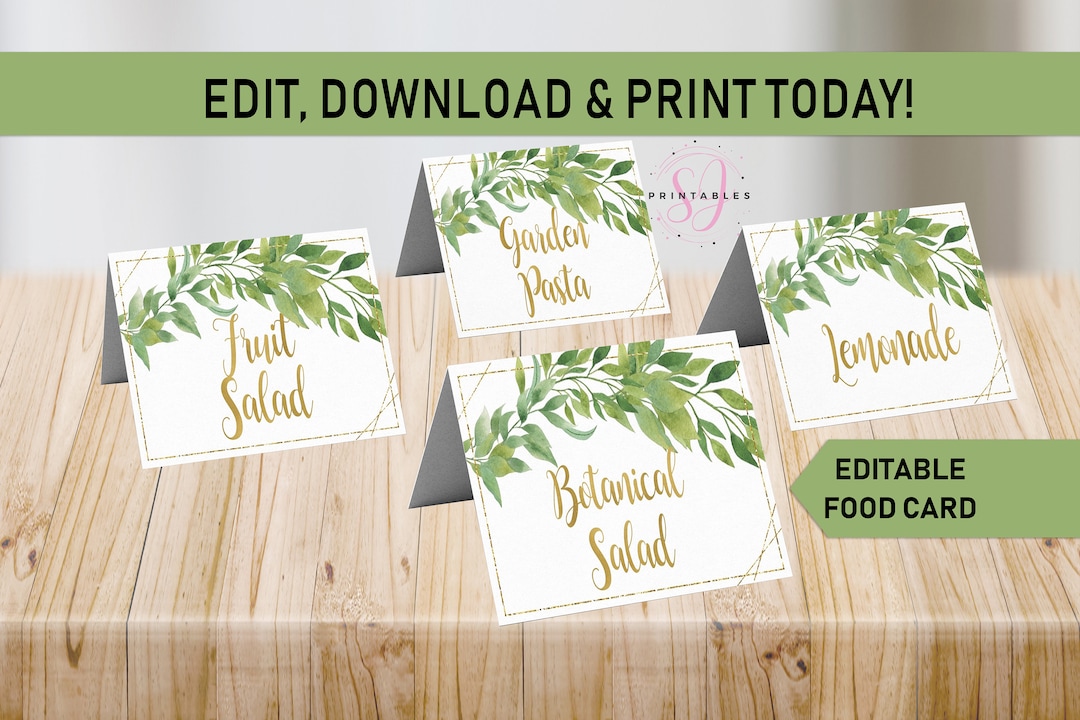 Greenery Gold Food Labels, Greenery Food Cards, Buffet Card, Food Tent ...