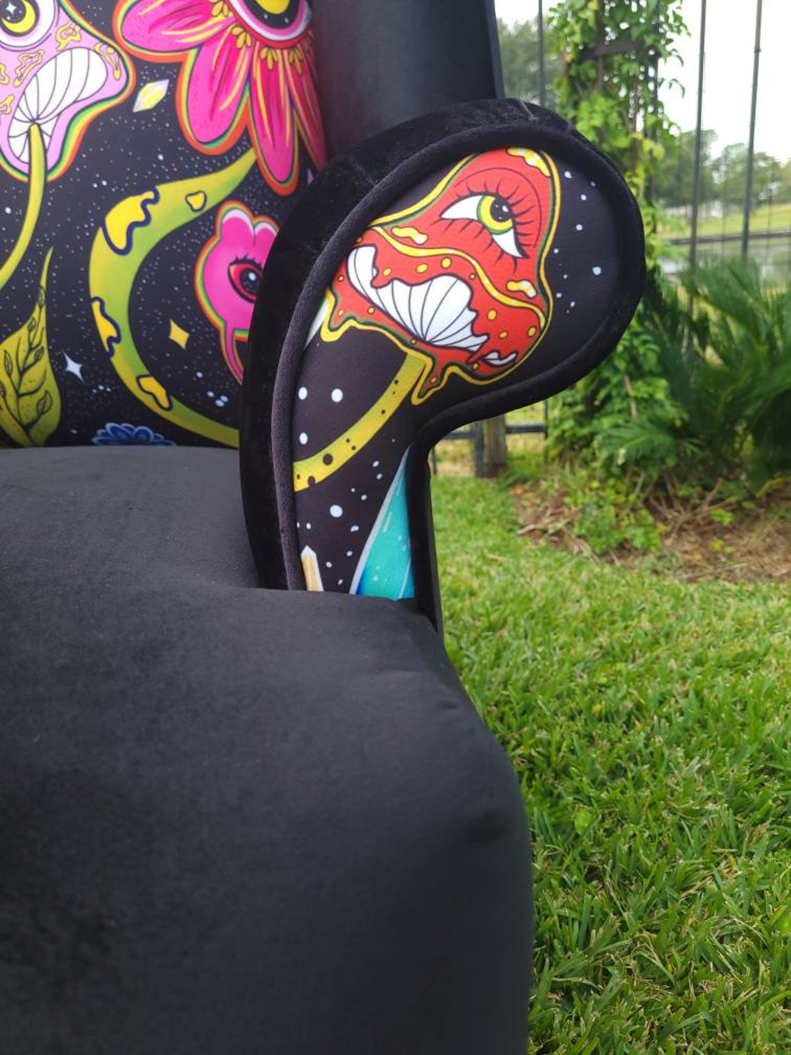 Sold Wingback Chair Upholstered in Psychedelic, Magic Mushroom Print ...