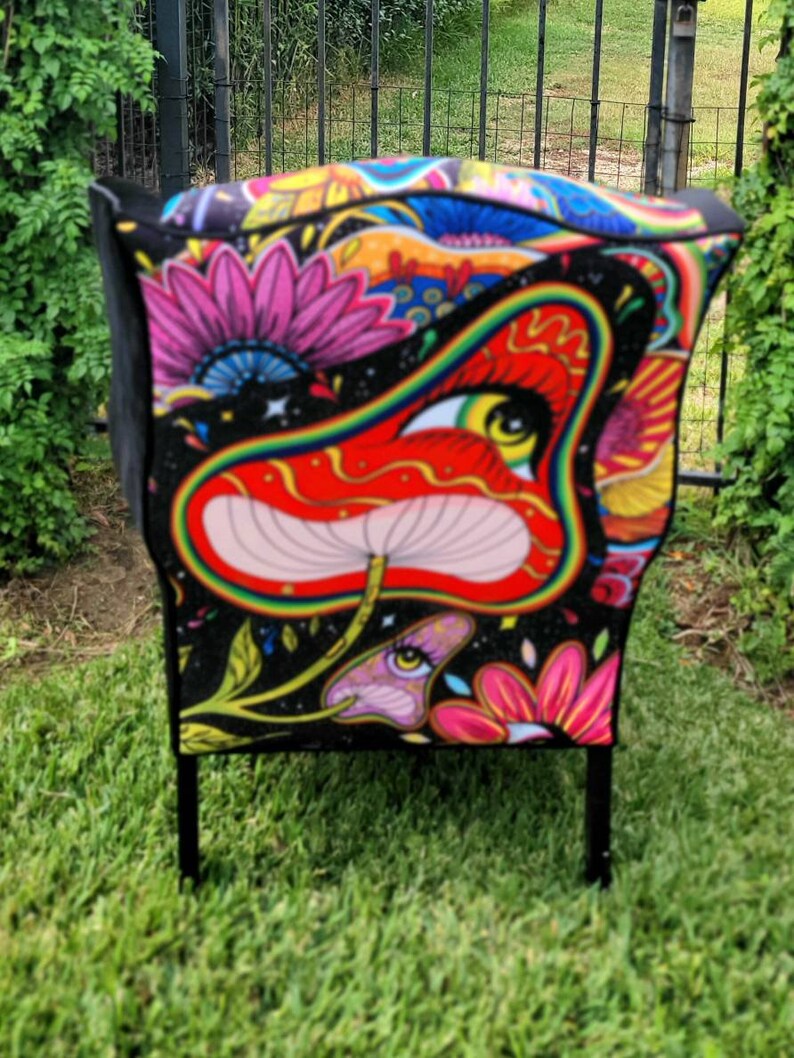 Sold Wingback Chair Upholstered in Psychedelic, Magic Mushroom Print ...