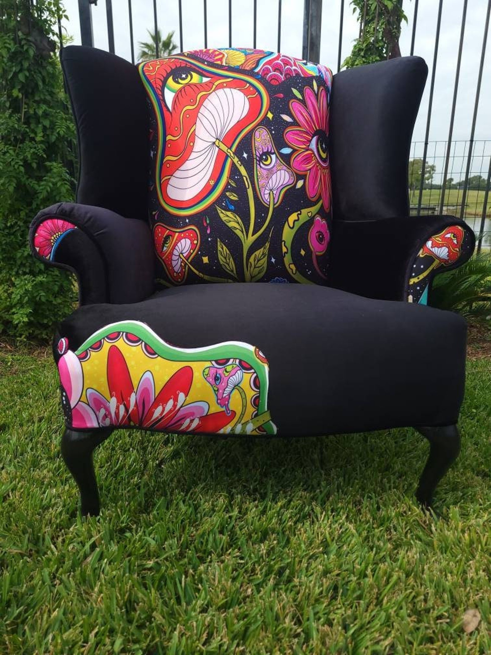 Sold Wingback Chair Upholstered in Psychedelic, Magic Mushroom Print ...