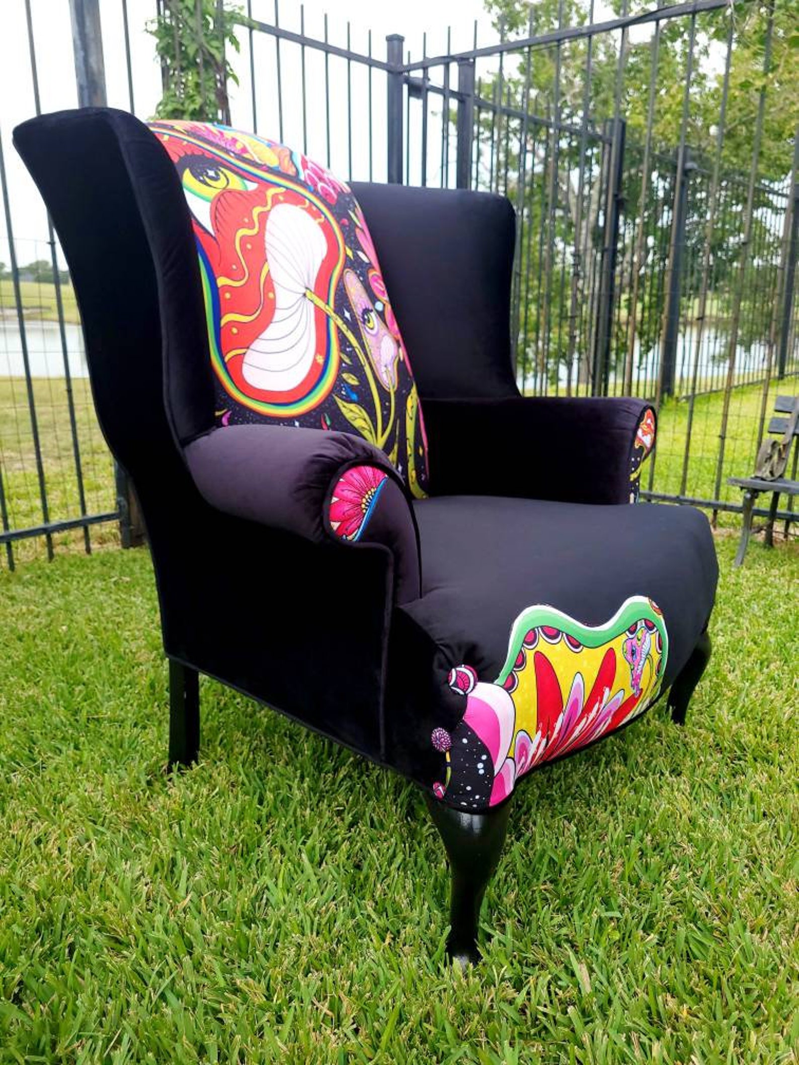 Sold Wingback Chair Upholstered in Psychedelic, Magic Mushroom Print ...