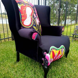 Sold Wingback Chair Upholstered in Psychedelic, Magic Mushroom Print ...