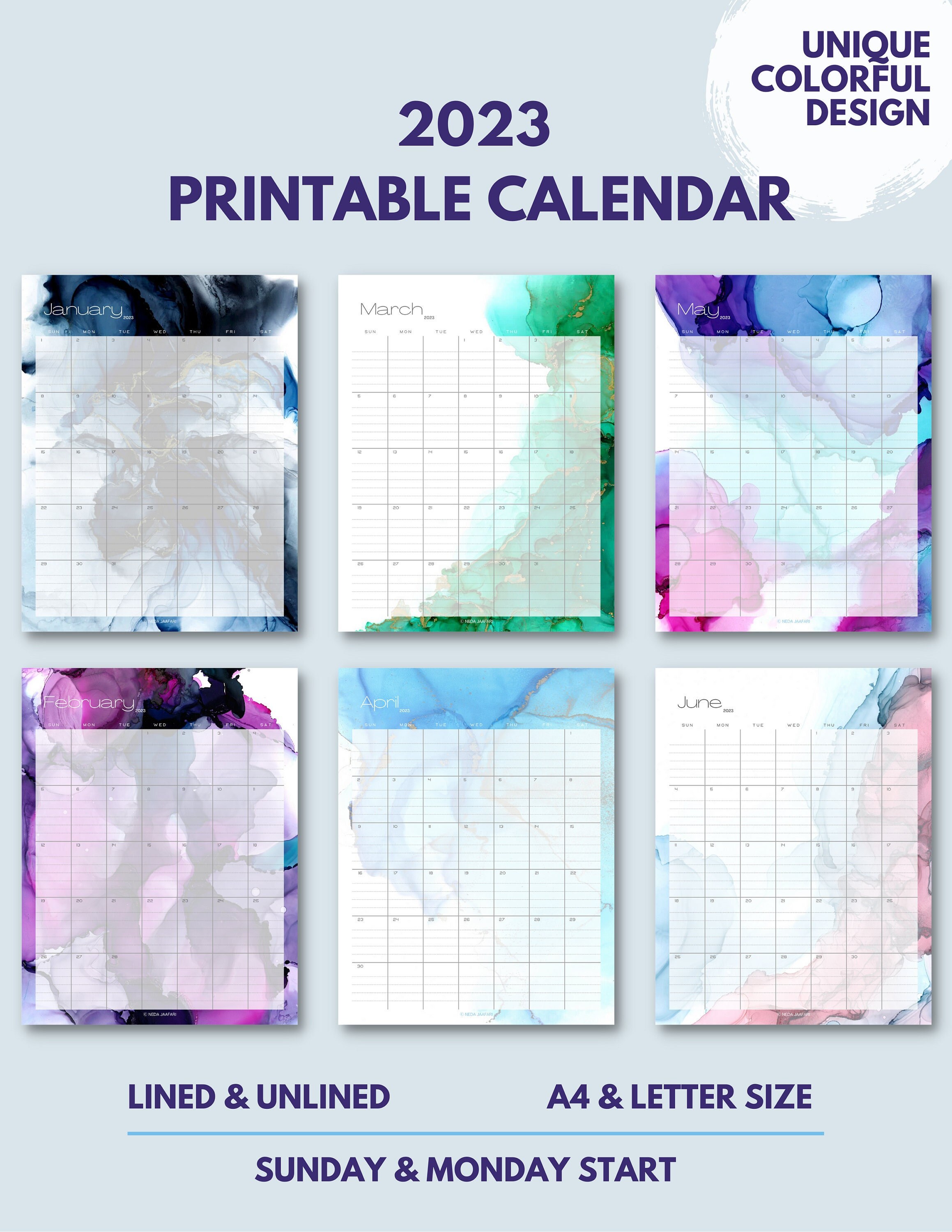 2023 Printable Monthly Calendar in A4/ Letter Size in Lined & Unlined ...